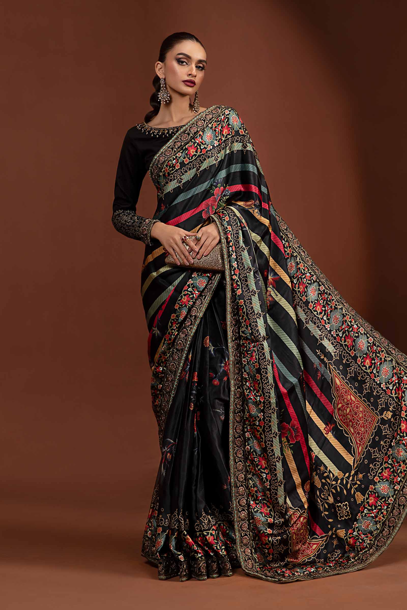 Embroidered Pure Charmeuse Silk Saree – Maria.B. Designs (PK)