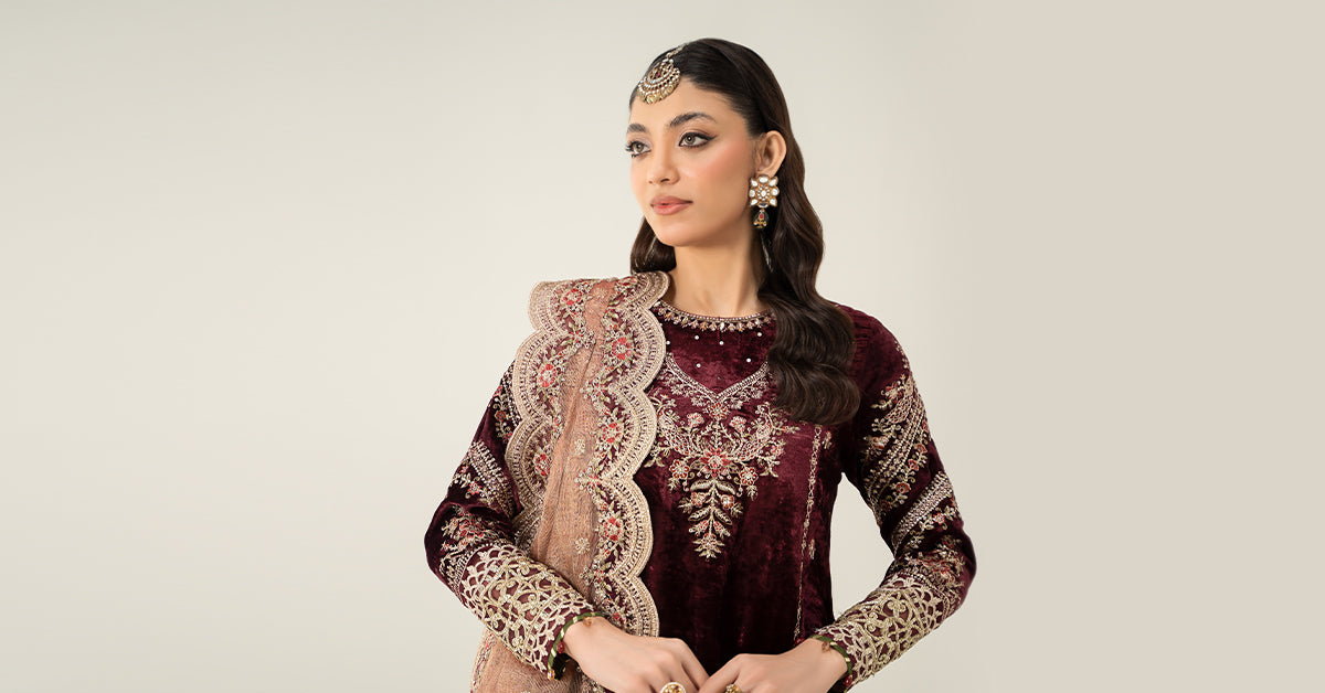 3 Piece Embroidered Velvet Suit | SF-W24-80 – Maria.B. Designs (PK)